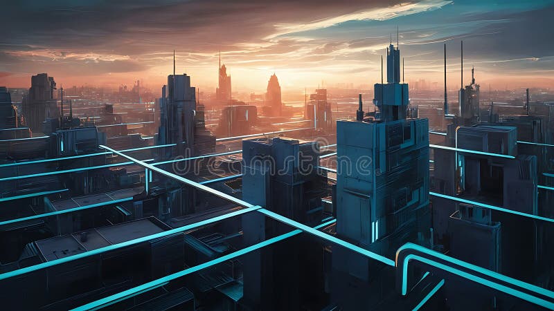 Glowing Network Grid Connecting Tall Urban Structures, Minimalist ...