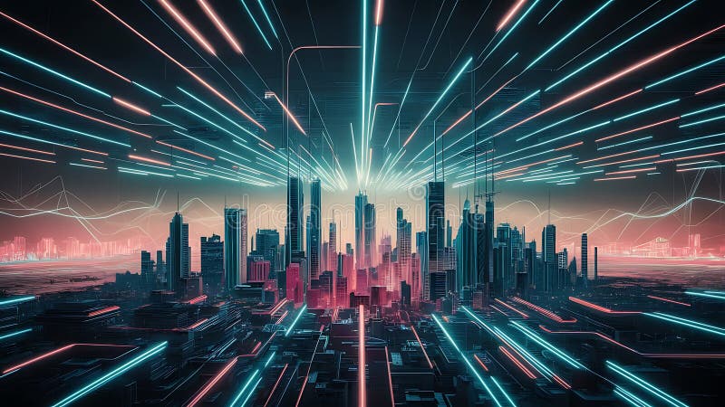 Glowing Network Grid Connecting Tall Urban Structures, Minimalist ...