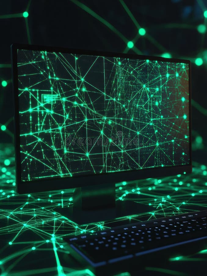 A Glowing Network Grid Features Green Lines Interconnected with a ...