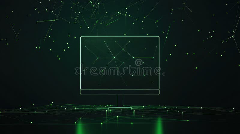 A Glowing Network Grid Surrounds a Simple Monitor Icon in Green Text ...
