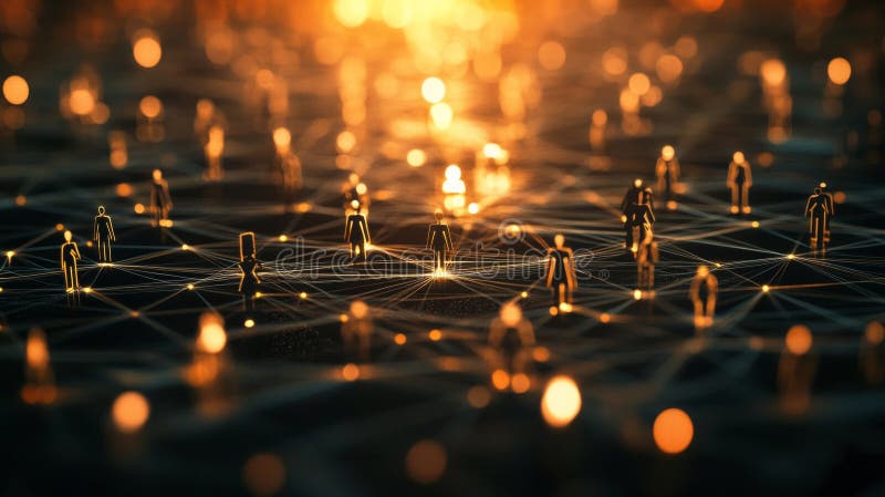Glowing Network of Human Figures with Digital Connections at Sunset ...