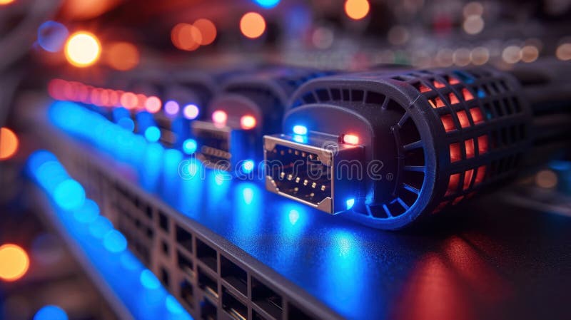 Glowing Network Interface Cards in a Server Rack Stock Illustration ...