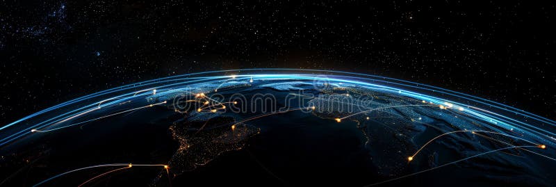 Glowing Network Lines Across Earth in a Starry Outer Space Background ...