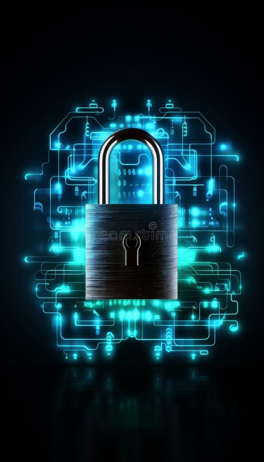 Glowing Network Mesh Digital Security Lock on Dark Backdrop Stock ...