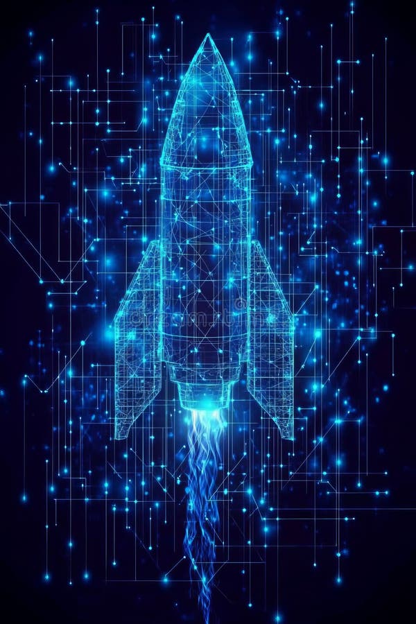 Glowing Network Rocket Startup, Innovation Concept on a Dark Blue ...