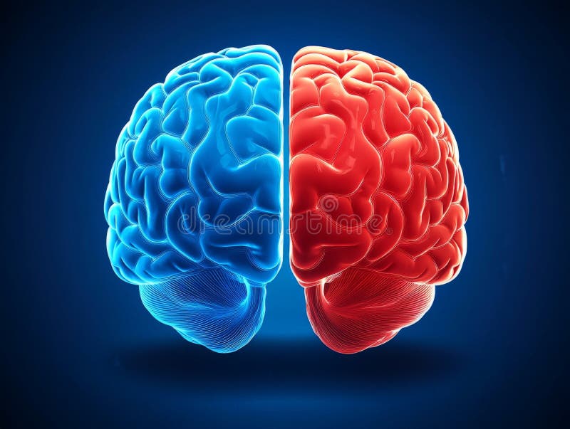 Glowing Neural Brain in Red and Blue Halves on a Black Background ...