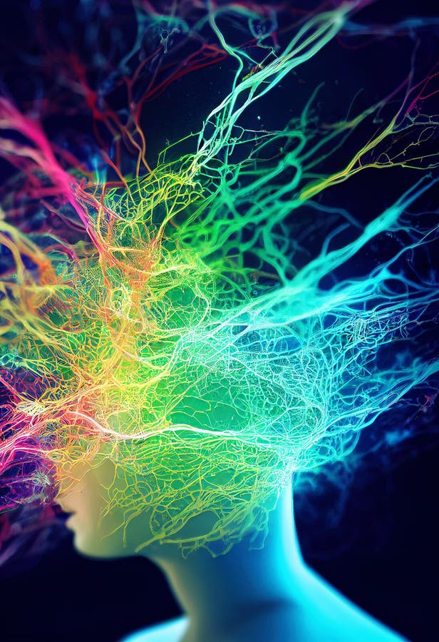 Glowing Neural Human Head. an Artificially Created Being. Scientific ...