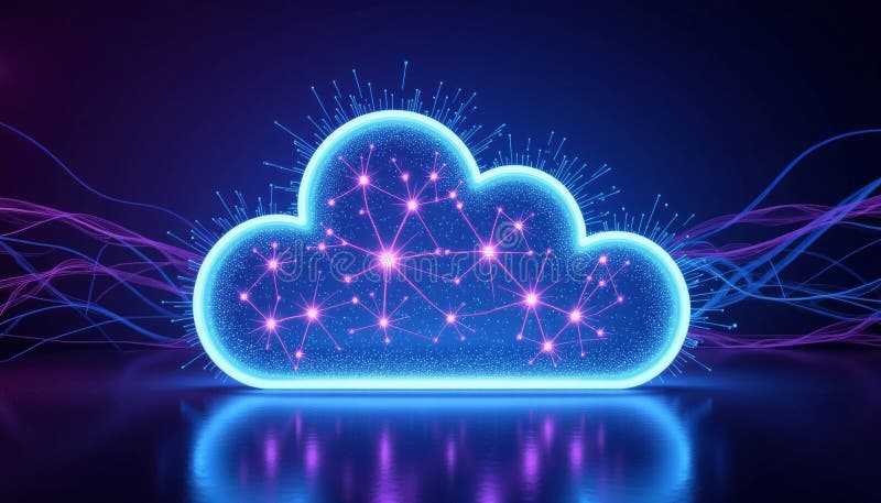 Glowing Neural Network in Cloud, Cyberpunk Digital Theme Stock Image ...