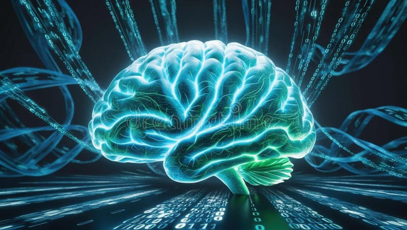 Glowing Neural Network Forms Brain Like Structure Surrounded By Flowing Binary Code