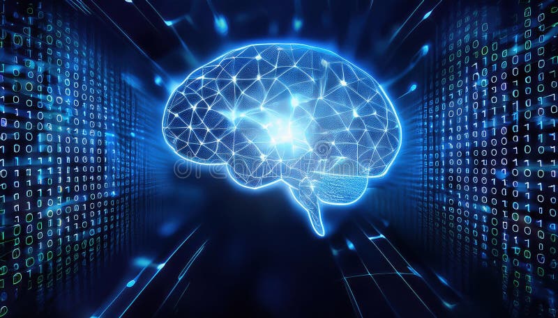 Glowing Neural Network Forms Brain Like Structure Surrounded By Flowing Binary Code Symbolizing
