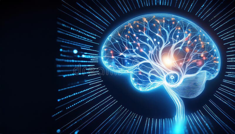 Glowing Neural Network Forms Brain Like Structure Surrounded By Flowing Binary Code