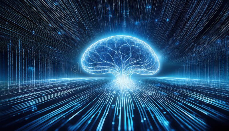 Glowing Neural Network Forms Brain Like Structure Surrounded By Flowing Binary Code