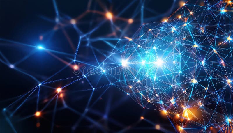 Glowing Neural Network with Interconnected Nodes in Dark, High Tech ...