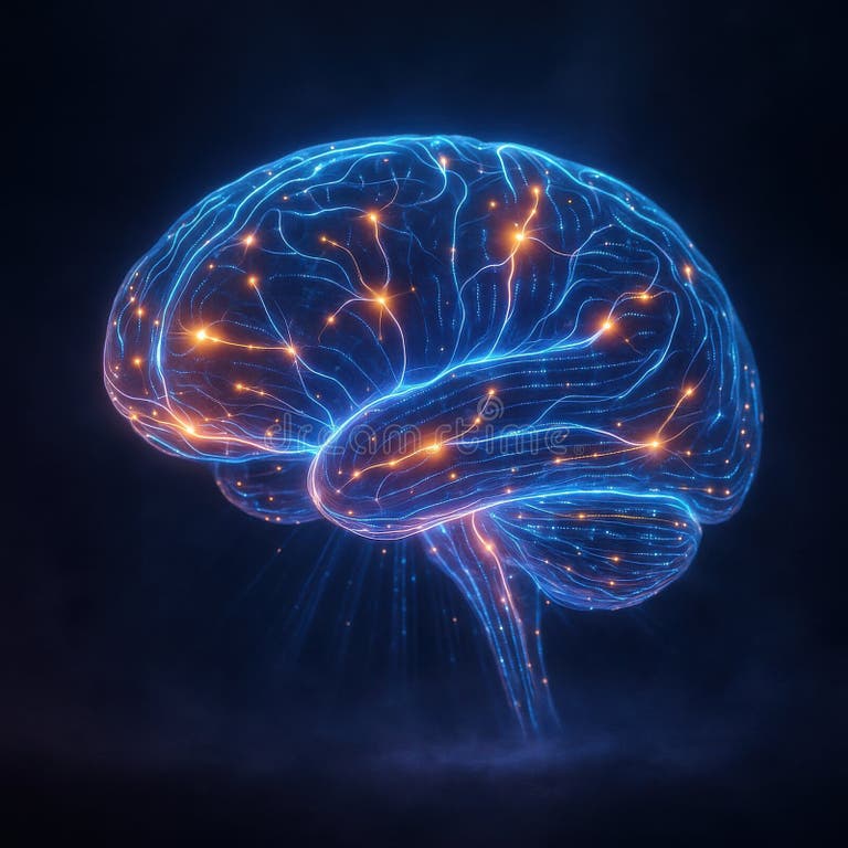 A Glowing Neural Network-like Brain Structure with Illuminated Pathways, Representing Artificial ...