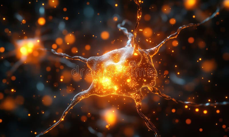 Glowing Neuron Cell Bright Orange Particles Abstract Background Stock ...