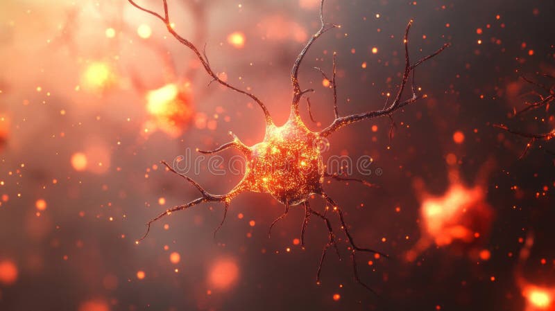 Glowing Neuron Cell Firing Brightly in Deep Red Stock Illustration ...