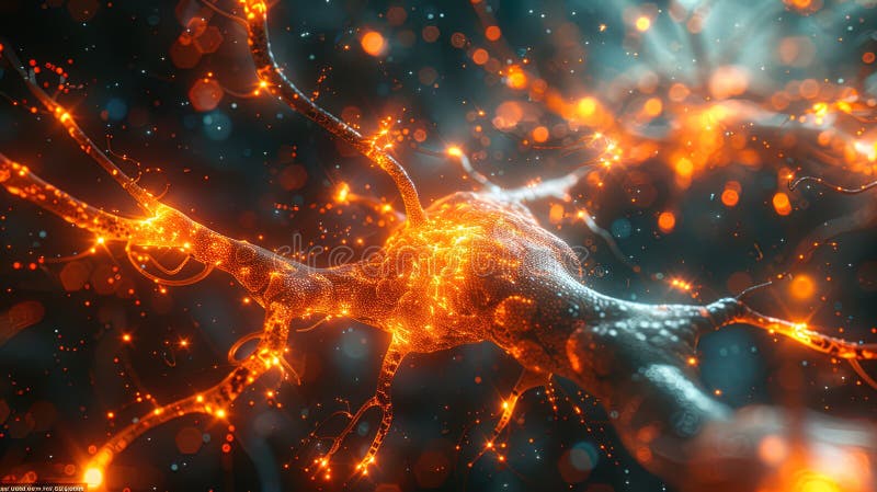 Glowing Neuron Cell Firing in 3D Rendering Stock Illustration ...
