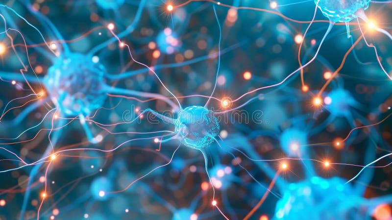 Glowing Neuron Cells with Connections on Abstract Backdrop. Ai ...