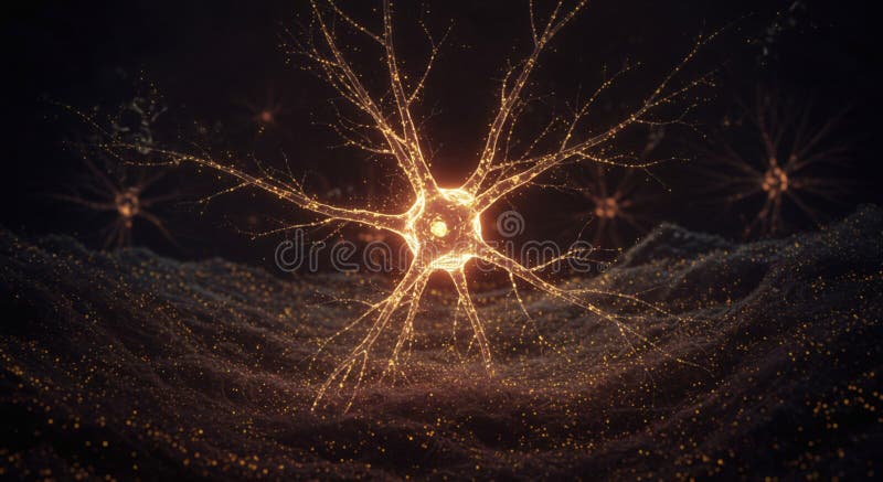 A Glowing Neuron Illustration Features a Central Cell Body with ...