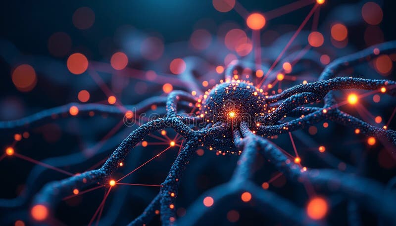 Glowing Neuron Model with Red Connections on Blue Background Stock ...