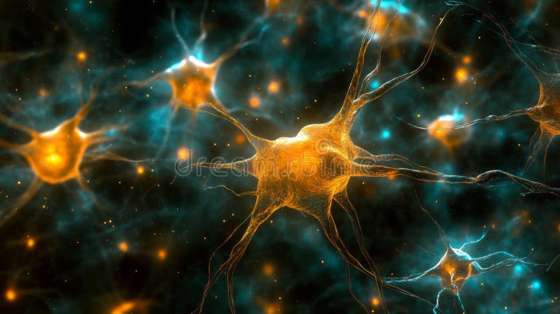 Glowing Neuron Network Cellular Structure Microscopic View Stock Illustration - Illustration of ...