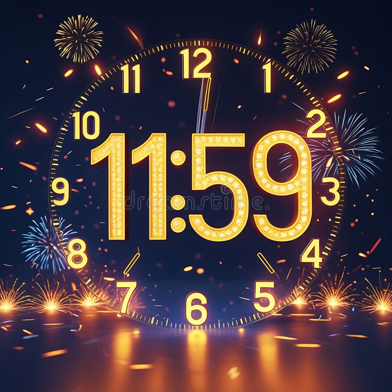 Glowing New Year Countdown Clock with Sparks and Fireworks Stock ...