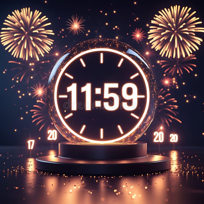 Glowing New Year Countdown Clock with Sparks and Fireworks Stock ...