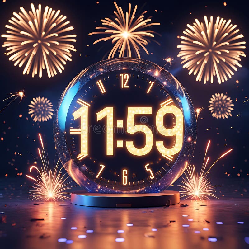 Glowing New Year Countdown Clock with Sparks and Fireworks Stock ...