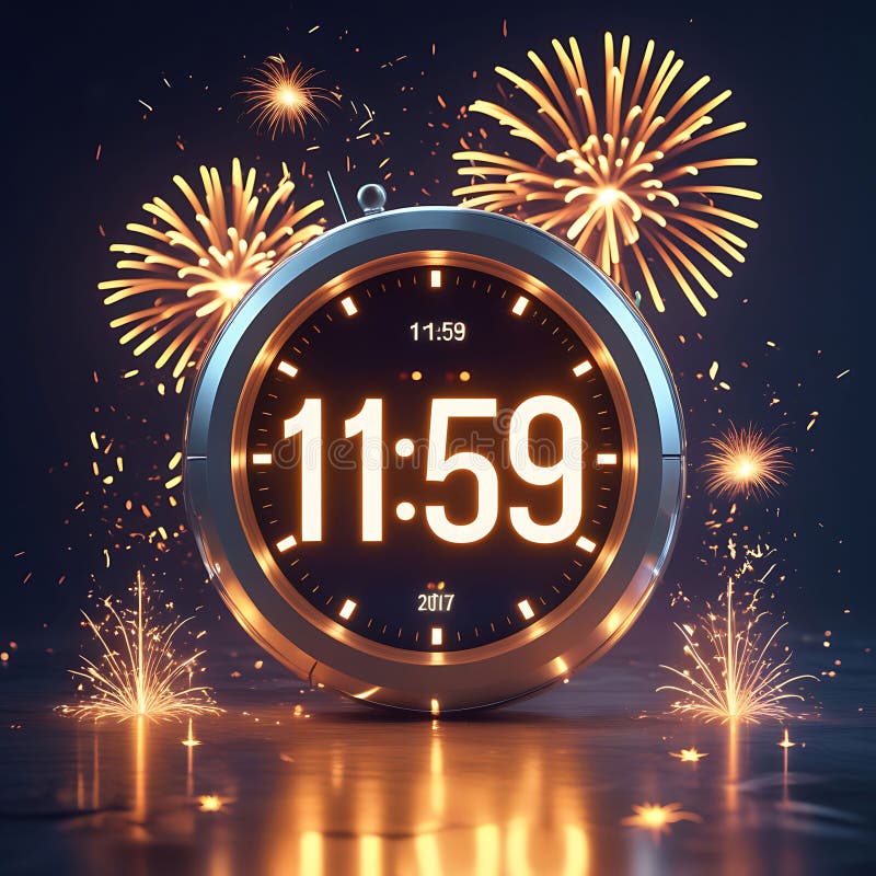Glowing New Year Countdown Clock with Sparks and Fireworks Stock ...