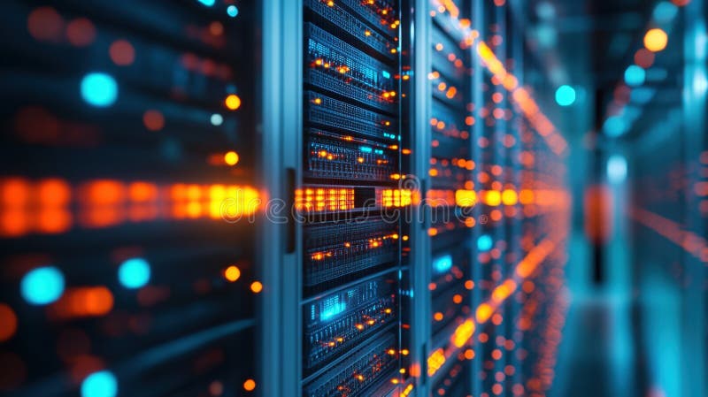 Glowing night servers stock image. Image of maintenance - 379531339