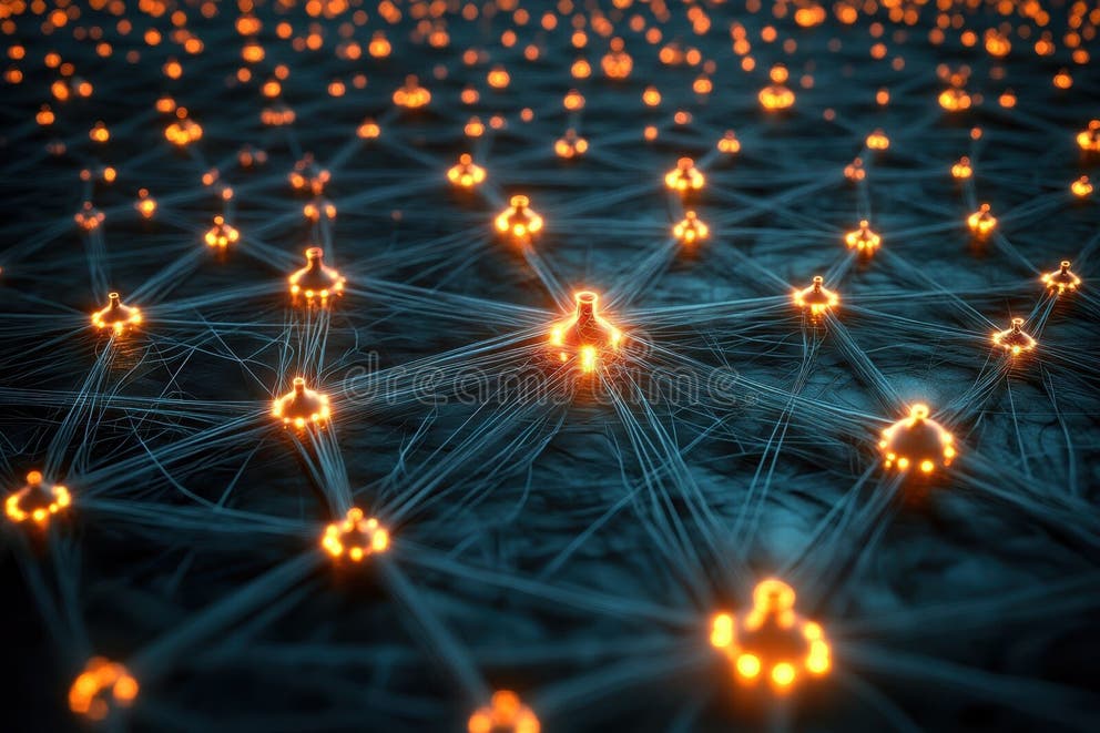 Digital Network Interconnected by Glowing Nodes and Web-like Strands at ...