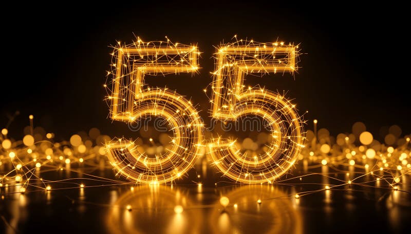 Glowing Number Fifty Five on Reflective Surface, Festive Celebration ...