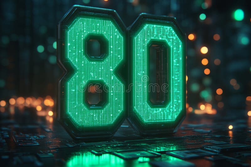Glowing Number 80 Made of Digital Circuits Standing on a Futuristic ...