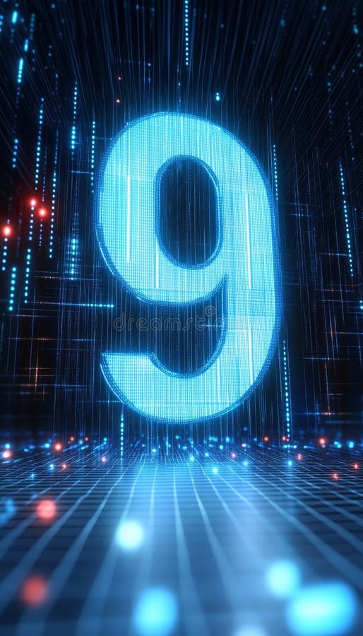 Glowing Number Nine on Digital Background with Abstract Light Trails in ...