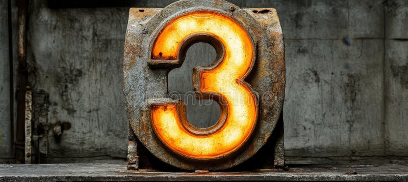 Glowing Number Three Sign on Rustic Concrete, Electric Number 3 Light ...