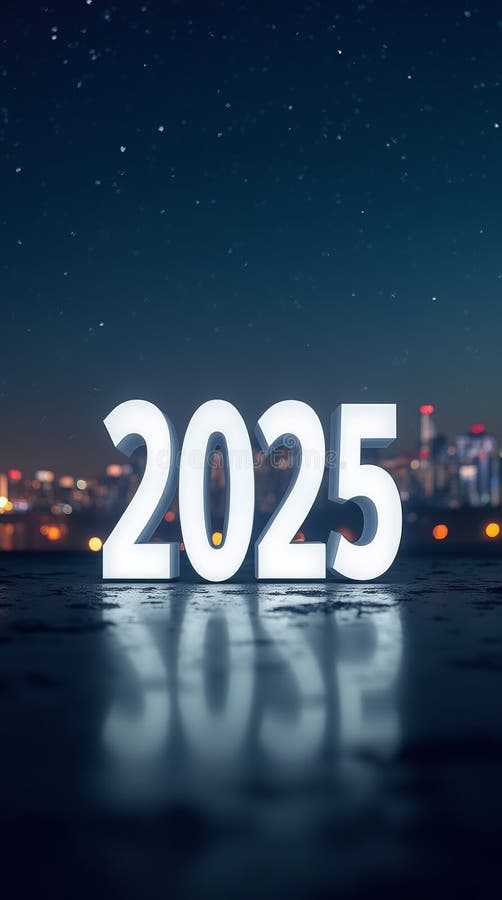 Glowing 2025 Numbers on Reflective Surface with Blurred City Lights ...