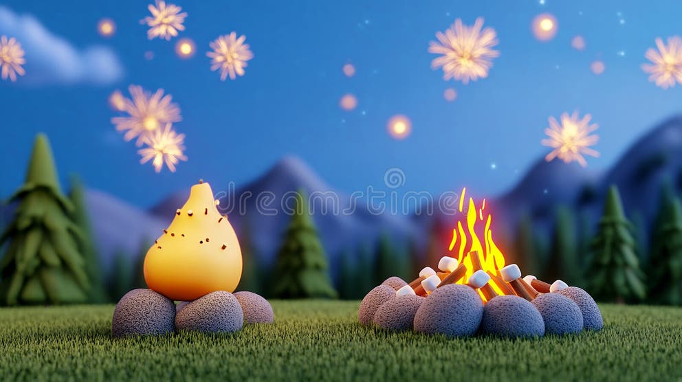 Glowing Object and Campfire Under Starry Night Sky with Fireworks Stock ...