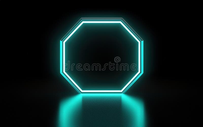 A Glowing Octagonal Neon Light Installation Set Against a Solid Black ...