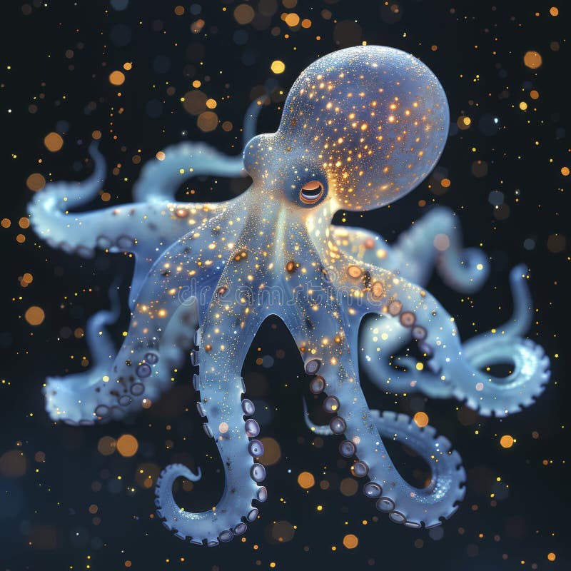 Glowing Octopus Floating in a Starry Underwater Scene Stock ...