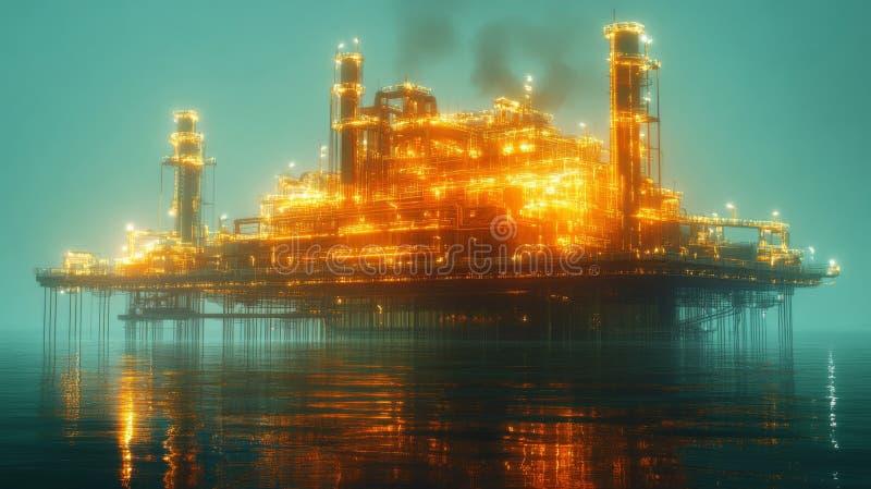 Glowing Offshore Industrial Platform at Night Stock Illustration ...