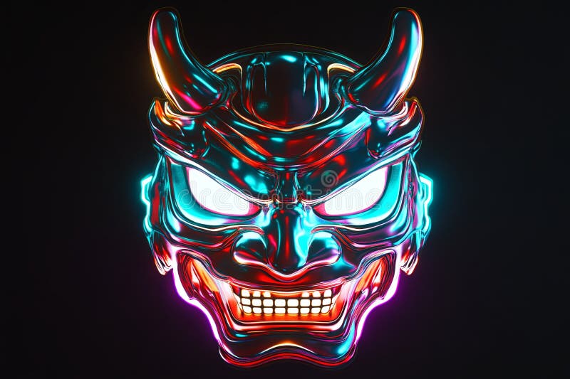 Glowing Oni Mask, Metallic, Vibrant Colors, Dark Background Stock ...