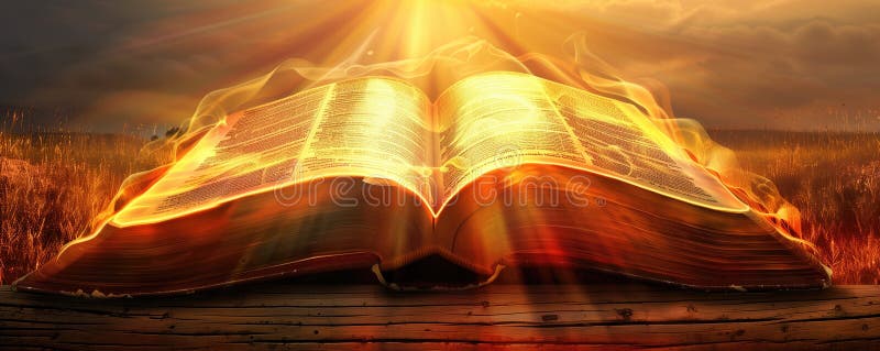 Glowing Open Bible with Radiant Sunlight in Fiery Field. Stock Image ...