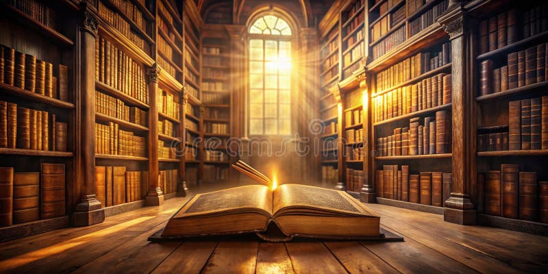 A Glowing Open Book in an Ancient Library with Sunlight Streaming ...