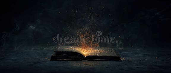 Glowing Open Book on a Dark Background, Magical Light Stock Photo ...