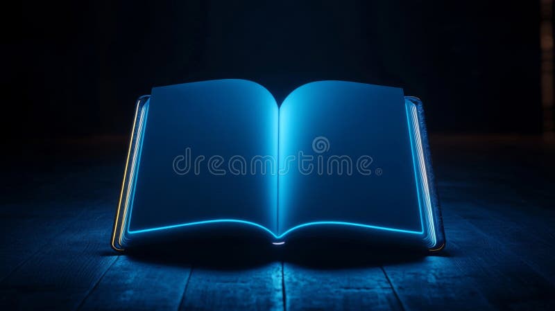 Glowing Open Book on Dark Wood Surface with Blue Light in Dim Room ...