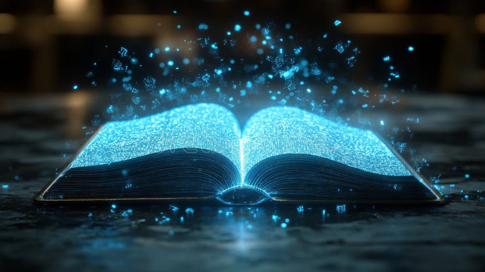 Glowing Open Book with Digital Light Effect Stock Illustration ...