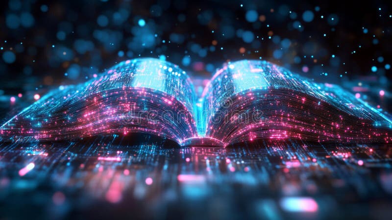 Glowing Open Book of Digital Particles Stock Illustration ...