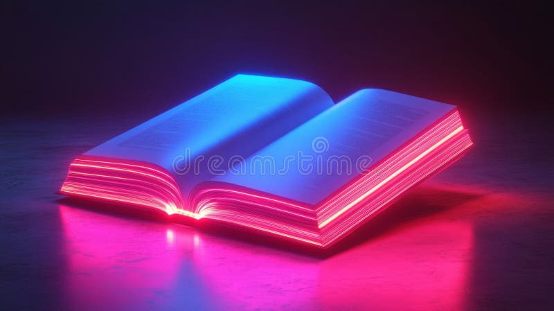 Glowing Open Book with Neon Light on Concrete Stock Illustration ...