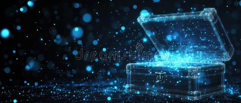 "a GLOWING, OPEN CHEST with a SPARKLING BLUE LIGHT EMANATING from ...