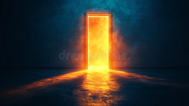 Glowing Open Door with Bright Orange Light in Darkness. Stock Photo ...